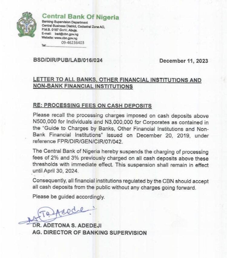 Central Bank of Nigeria suspends Processing Fees on Large Cash Deposits ...
