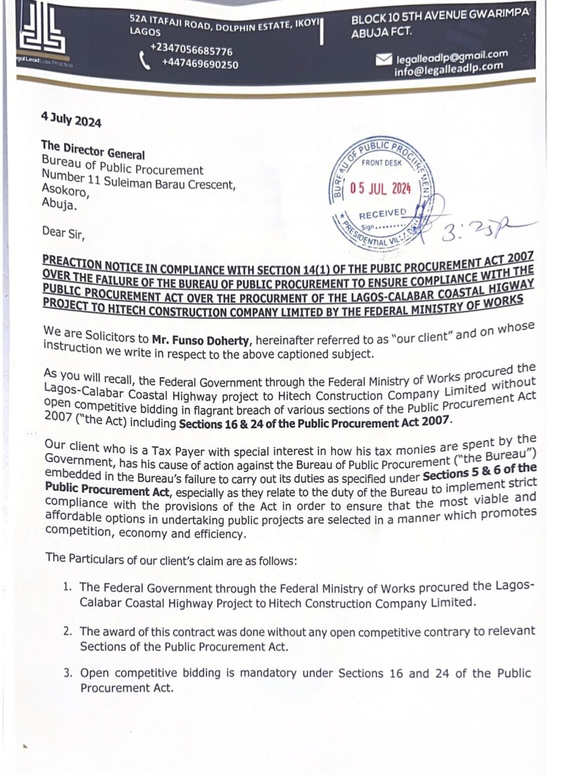 Funso Doherty serves pre-action notice to BPP over alleged bidding violations in Lagos-Calabar ...